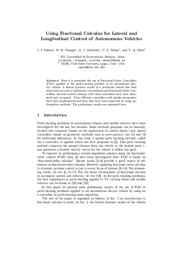 Pdf Using Fractional Calculus For Lateral And Longitudinal Control Of Autonomous Vehicles