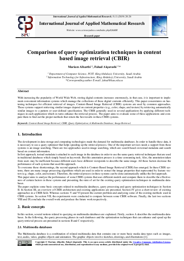 Pdf Comparison Of Query Optimization Techniques In Content Based Image Retrieval Cbir