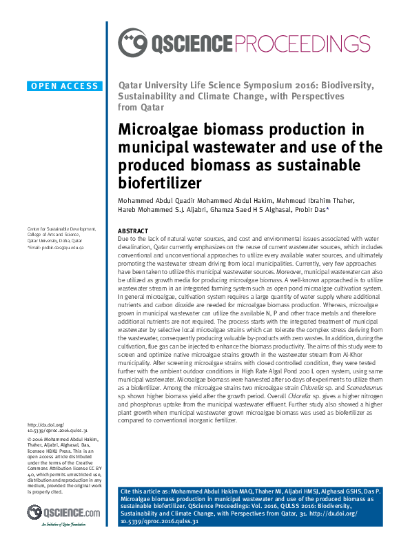 (PDF) Microalgae biomass production in municipal wastewater and use of the produced biomass as ...