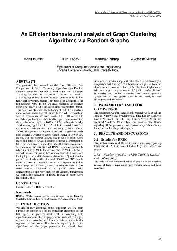 (PDF) An Efficient behavioural analysis of Graph Clustering Algorithms via Random Graphs