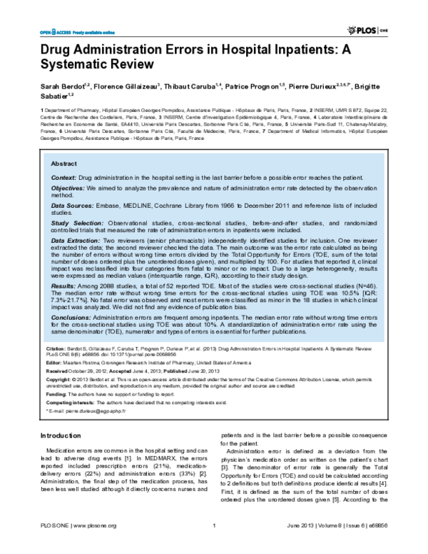 (PDF) Drug Administration Errors in Hospital Inpatients: A Systematic ...