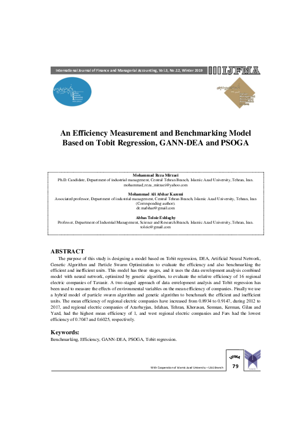 (PDF) An Efficiency Measurement and Benchmarking Model Based on Tobit Regression, GANN-DEA and PSOGA