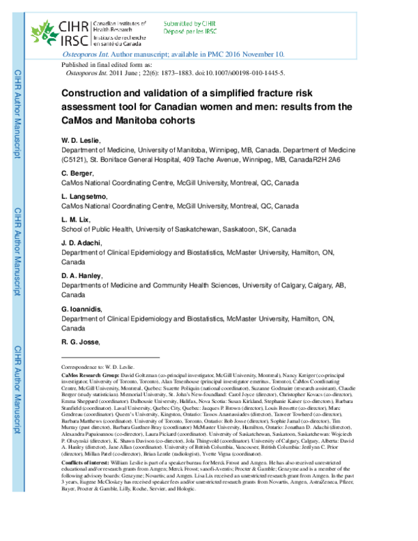 (PDF) Construction and validation of a simplified fracture risk ...