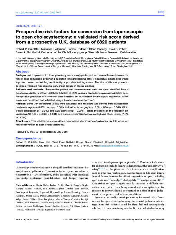 (PDF) Preoperative risk factors for conversion from laparoscopic to open cholecystectomy: a ...