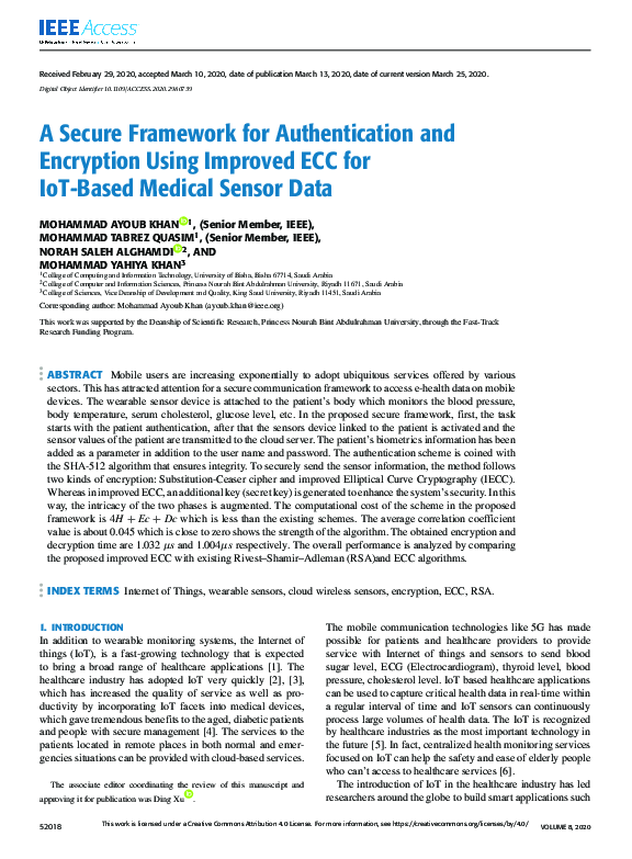 A Secure Framework For Authentication And Encryption Using Improved Ecc For Iot Based Medical