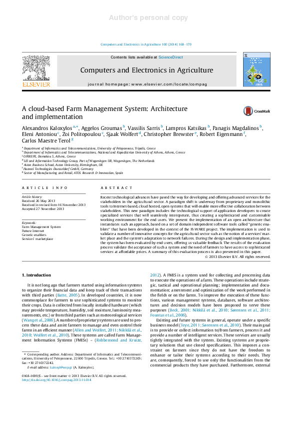 (PDF) A cloud-based Farm Management System: Architecture and implementation