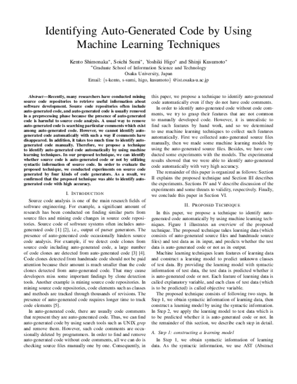 (PDF) Identifying Auto-Generated Code by Using Machine Learning Techniques