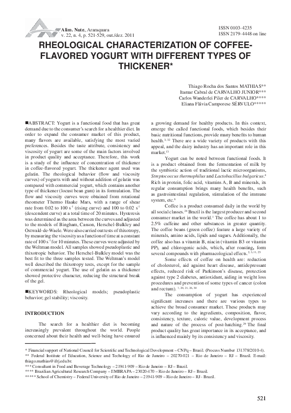 (PDF) Rheological Characterization of Coffee-Flavored Yogurt with Different Types of Thickener
