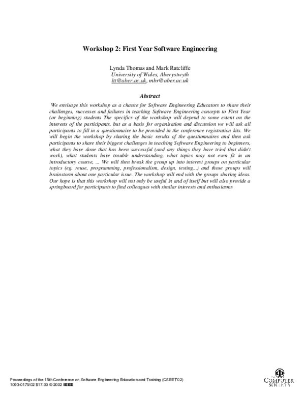 (PDF) Workshop 2: First Year Software Engineering