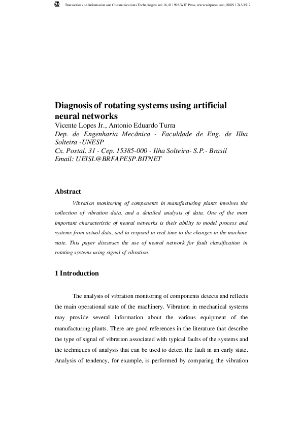 (PDF) Diagnosis Of Rotating Systems Using ArtificialNeural Networks