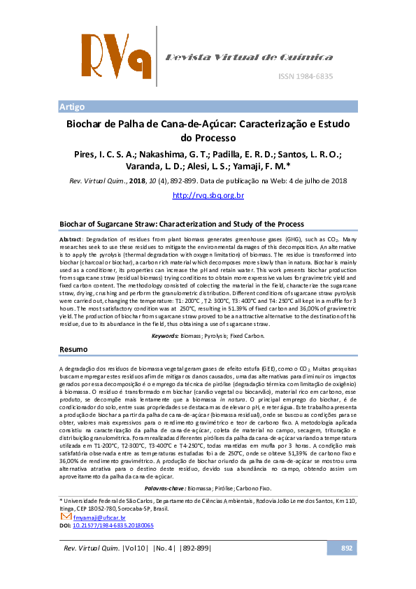 (PDF) Biochar of Sugarcane Straw: Characterization and Study of the Process