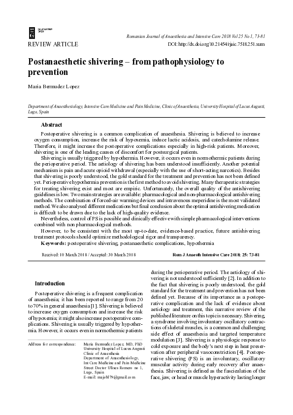 (PDF) Postanaesthetic shivering - from pathophysiology to prevention