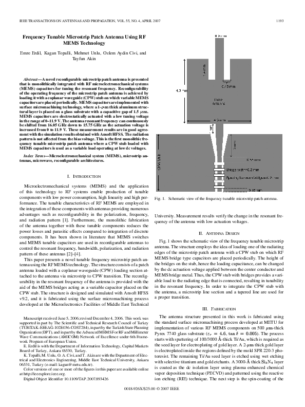 (PDF) Frequency Tunable Microstrip Patch Antenna Using RF MEMS Technology