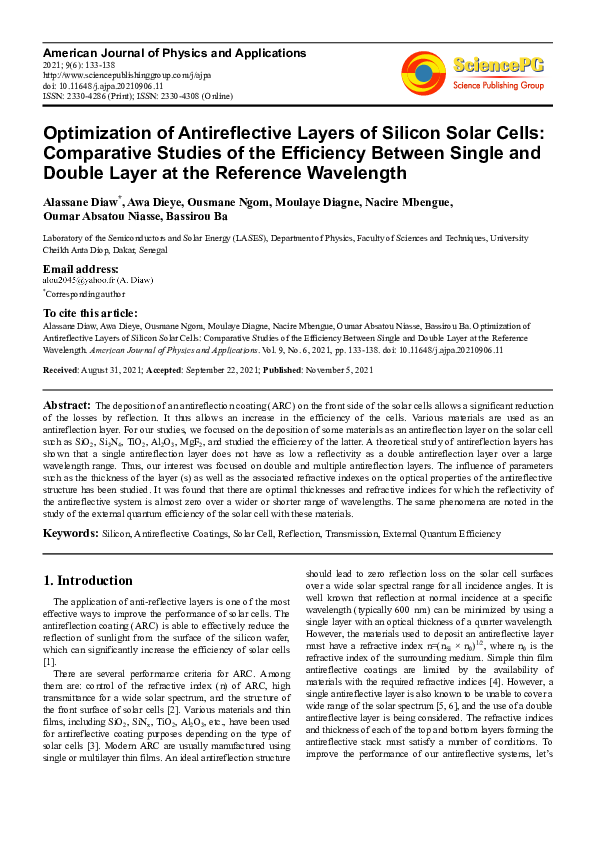 (PDF) Optimization of Antireflective Layers of Silicon Solar Cells: Comparative Studies of the ...