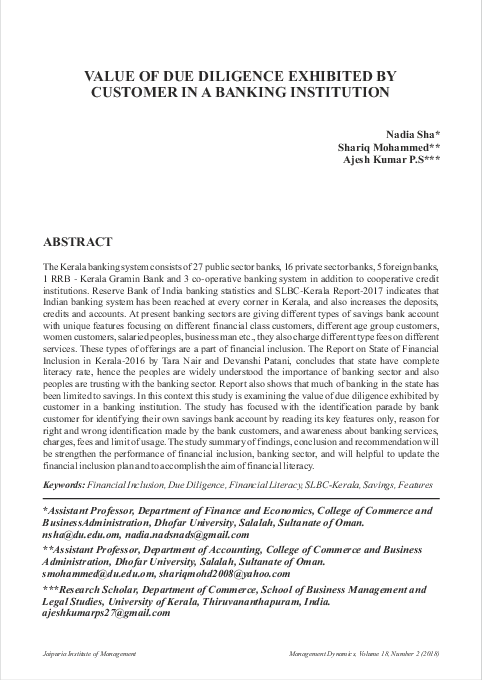 (PDF) Value of Due Diligence Exhibited by Customer in A Banking Institution