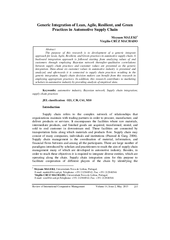 Pdf Generic Integration Of Lean Agile Resilient And Green Practices In Automotive Supply Chain