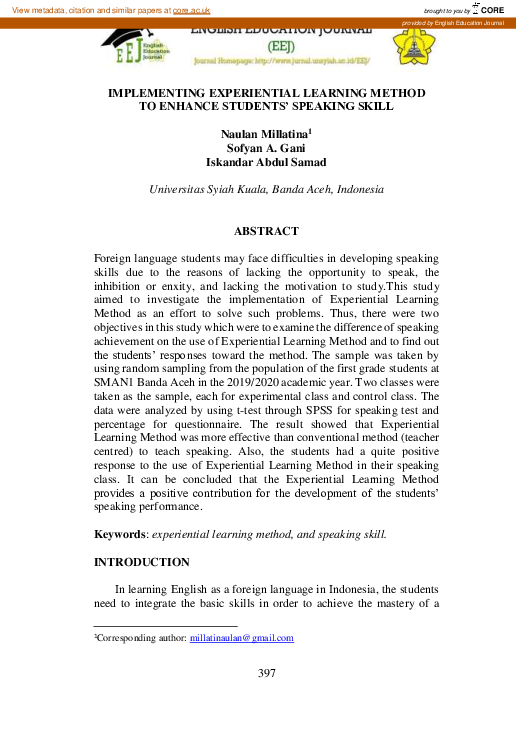 (PDF) Implementing Experiential Learning Method to Enhance Students’ Speaking Skill