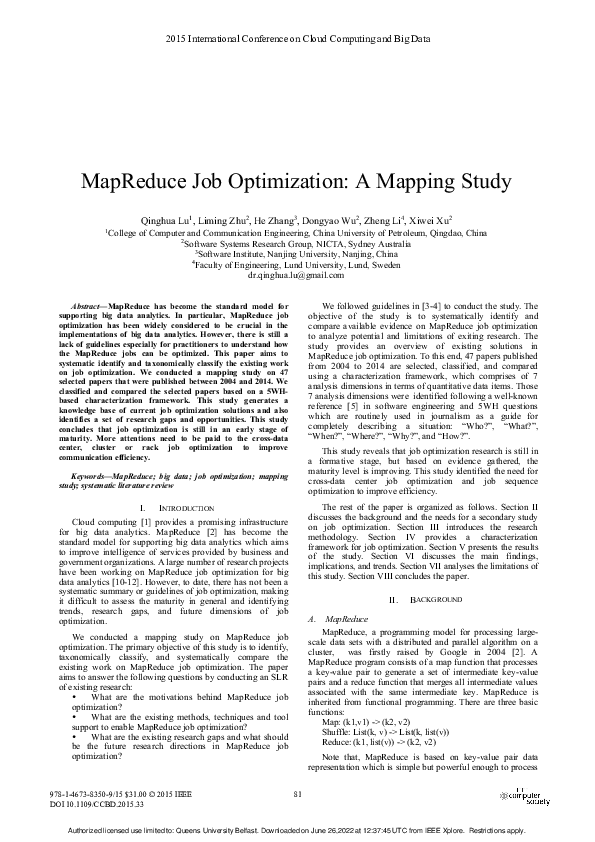 (PDF) MapReduce Job Optimization: A Mapping Study