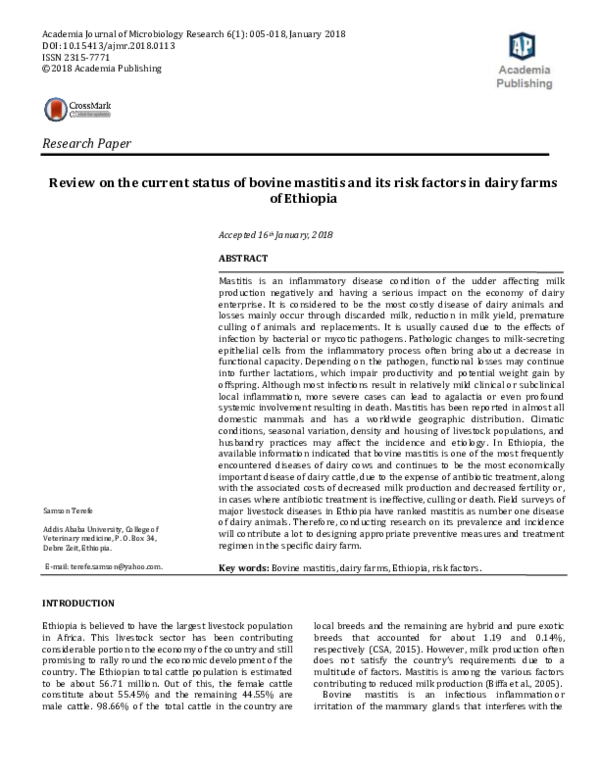 (PDF) Review on the current status of bovine mastitis and its risk factors in dairy farms of ...