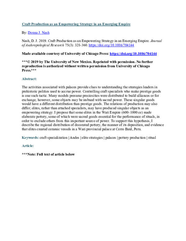 (PDF) Craft Production as an Empowering Strategy in an Emerging Empire