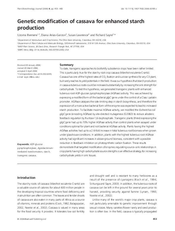 (PDF) Genetic modification of cassava for enhanced starch production