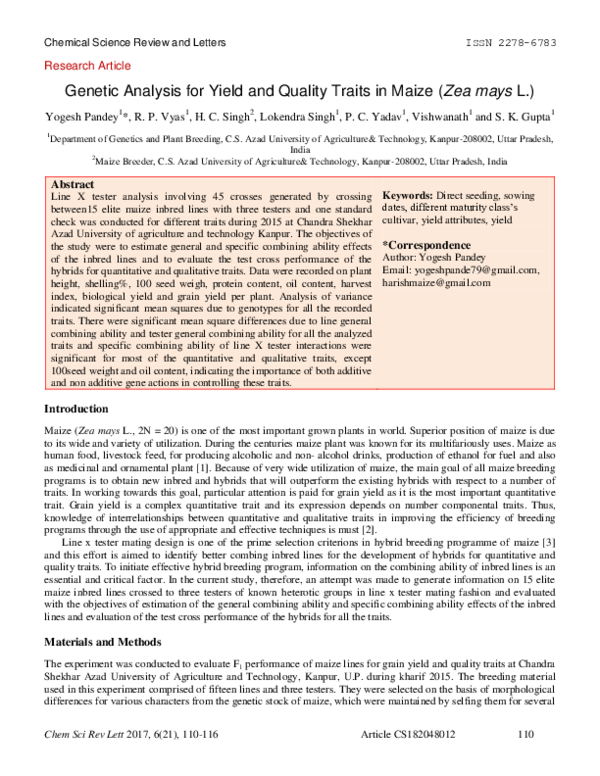 (PDF) Genetic Analysis for Yield and Quality Traits in Maize ( Zea mays L . ) | Yogesh Pandey ...