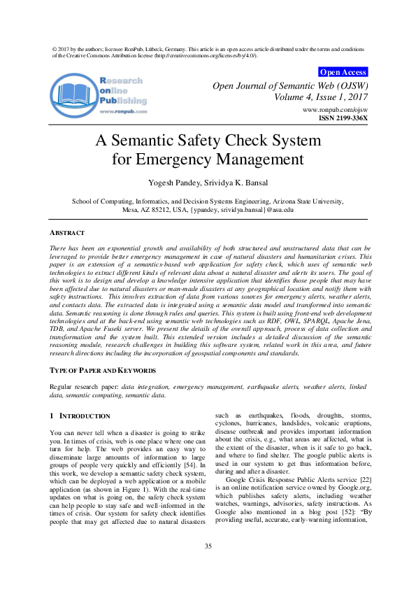 (PDF) A Semantic Safety Check System for Emergency Management