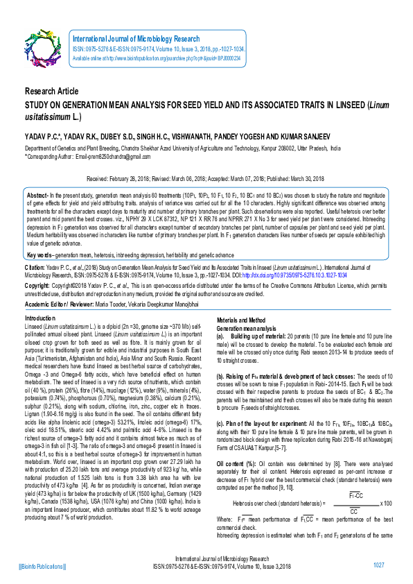 (PDF) STUDY ON GENERATION MEAN ANALYSIS FOR SEED YIELD AND ITS ASSOCIATED TRAITS IN LINSEED ...