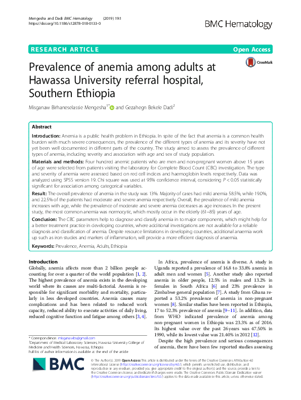 (PDF) Prevalence of anemia among adults at Hawassa University referral ...