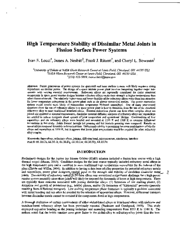 (PDF) High Temperature Stability of Dissimilar Metal Joints in Fission Surface Power Systems
