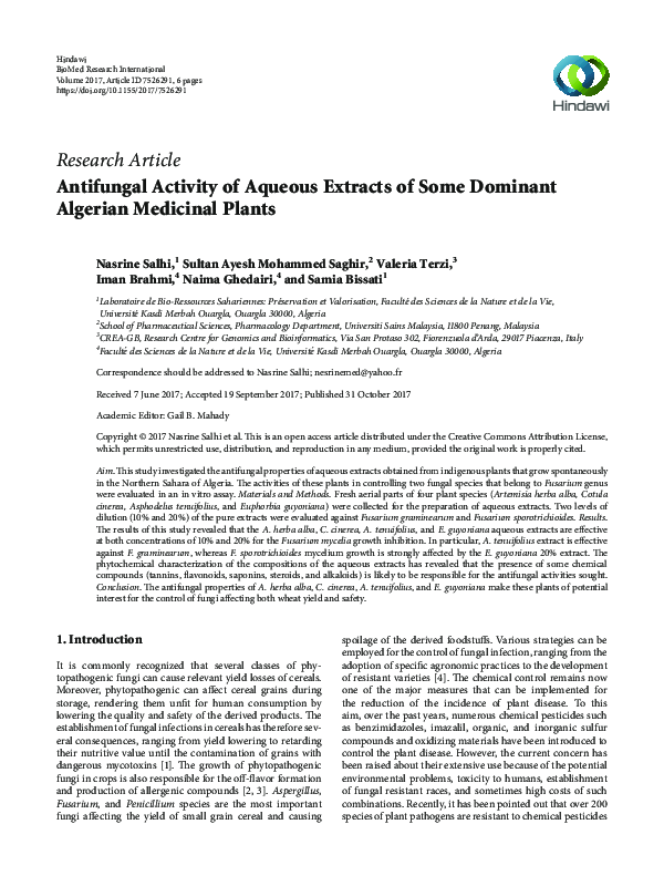 (PDF) Antifungal Activity of Aqueous Extracts of Some Dominant Algerian Medicinal Plants