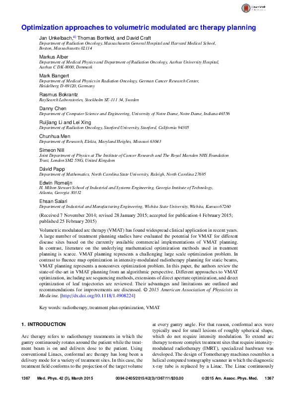 (PDF) Optimization approaches to volumetric modulated arc therapy planning
