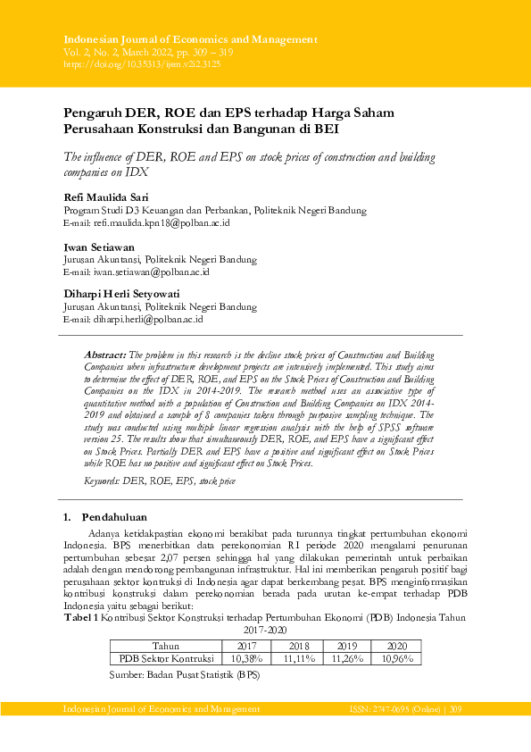 (PDF) Pengaruh DER, ROE dan EPS terhadap Harga Saham Perusahaan Konstruksi dan Bangunan di BEI