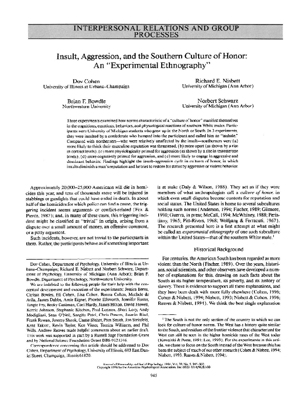 (PDF) Insult, aggression, and the southern culture of honor: An ...