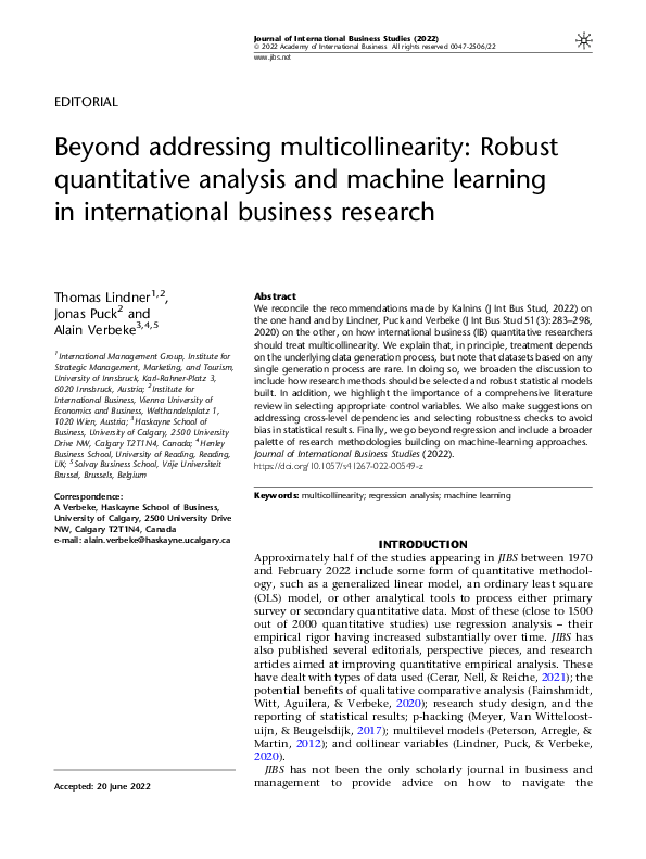 (PDF) Beyond addressing multicollinearity: Robust quantitative analysis and machine learning in ...