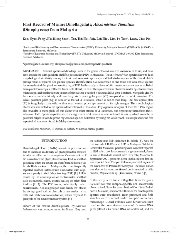 (PDF) First Record of Marine Dinofl agellate, Alexandrium tamutum ...