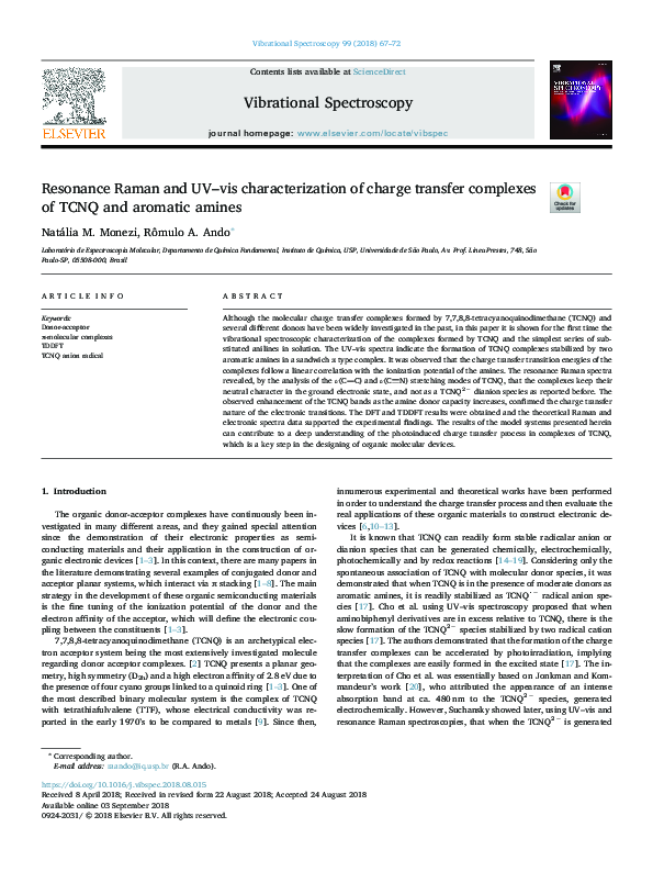(PDF) Resonance Raman and UV–vis characterization of charge transfer complexes of TCNQ and ...