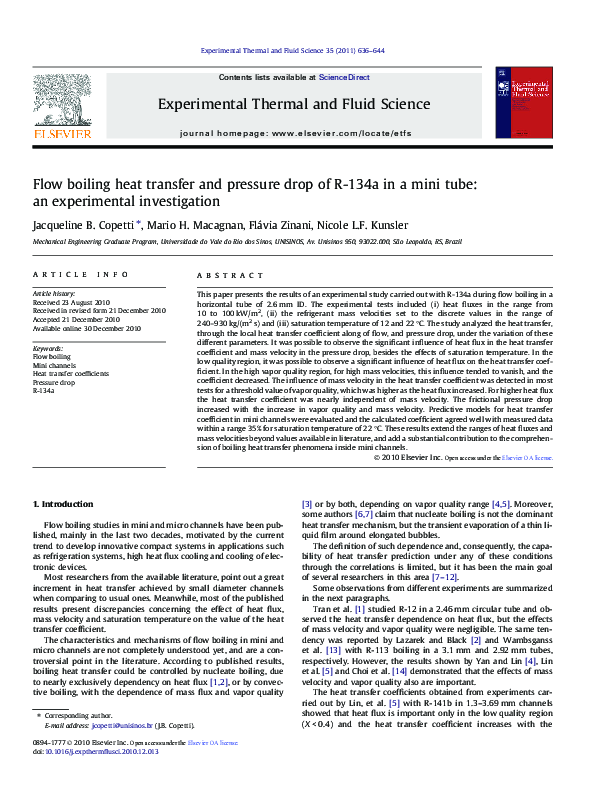 (PDF) Flow boiling heat transfer and pressure drop of R-134a in a mini tube: an experimental ...
