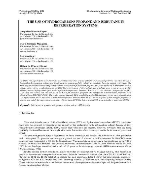 (PDF) The Use of Hydrocarbons Propane and Isobutane in Refrigeration ...