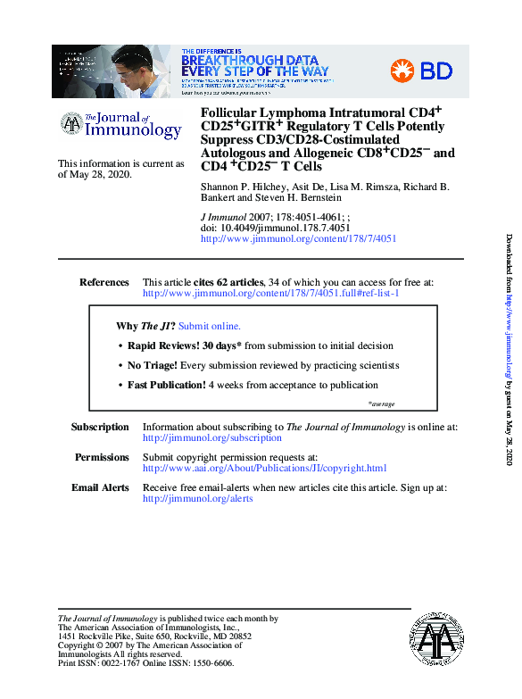 (PDF) Follicular Lymphoma Intratumoral CD4+CD25+GITR+Regulatory T Cells ...
