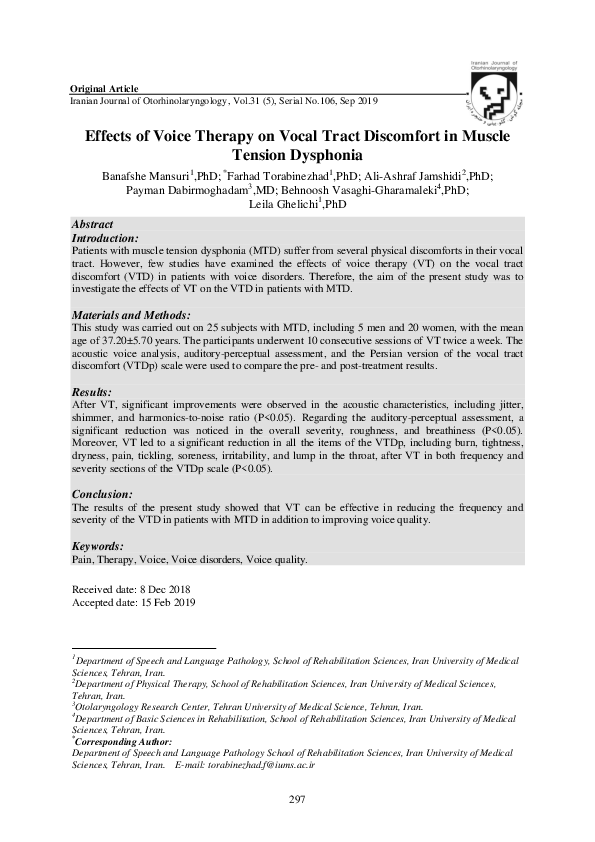 (PDF) Effects of Voice Therapy on Vocal Tract Discomfort in Muscle ...