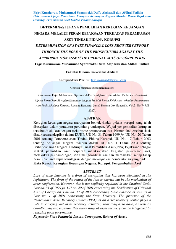 (PDF) Determinasi Upaya Pemulihan Kerugian Keuangan Negara Melalui Peran Kejaksaan terhadap ...