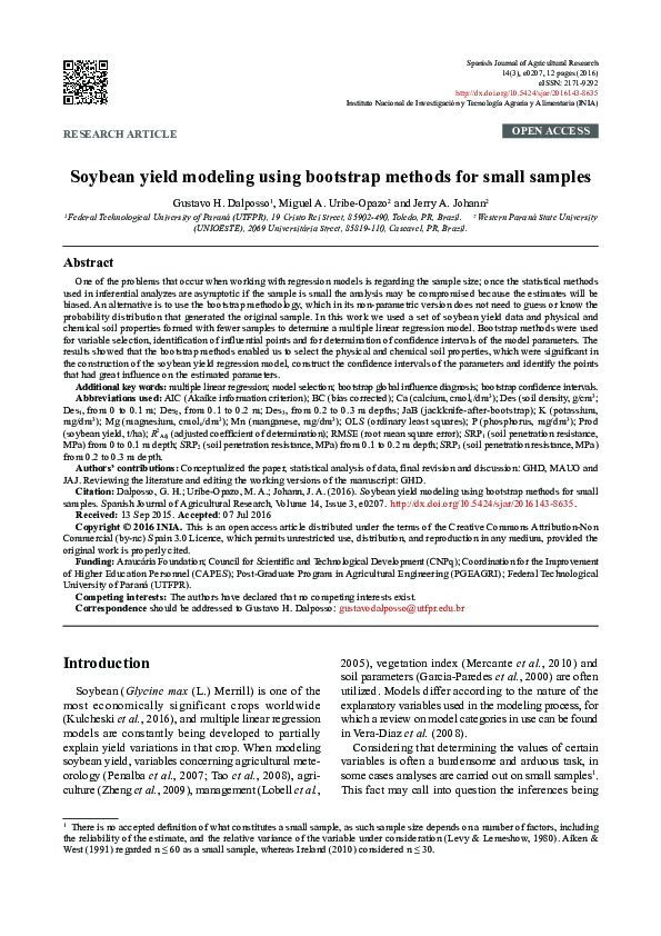 (PDF) Soybean yield modeling using bootstrap methods for small samples