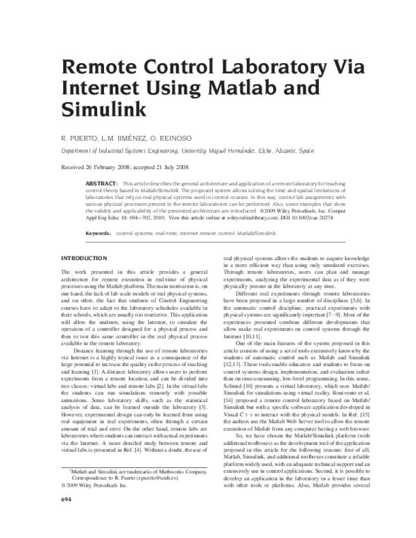 (PDF) Remote control laboratory via Internet using Matlab and Simulink