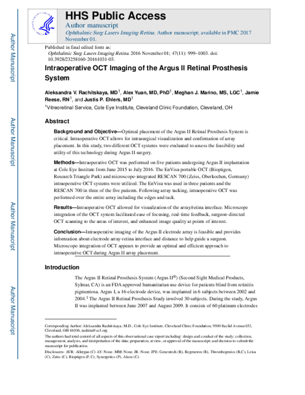 (PDF) Intraoperative OCT Imaging of the Argus II Retinal Prosthesis System