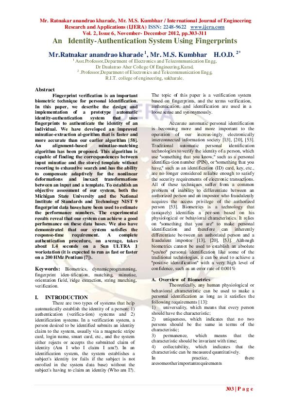 (PDF) An Identity-Authentication System Using Fingerprints
