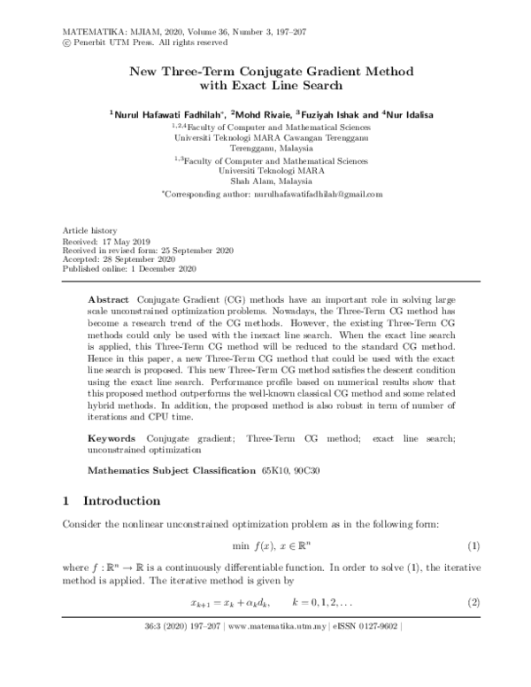 Pdf New Three Term Conjugate Gradient Method With Exact Line Search