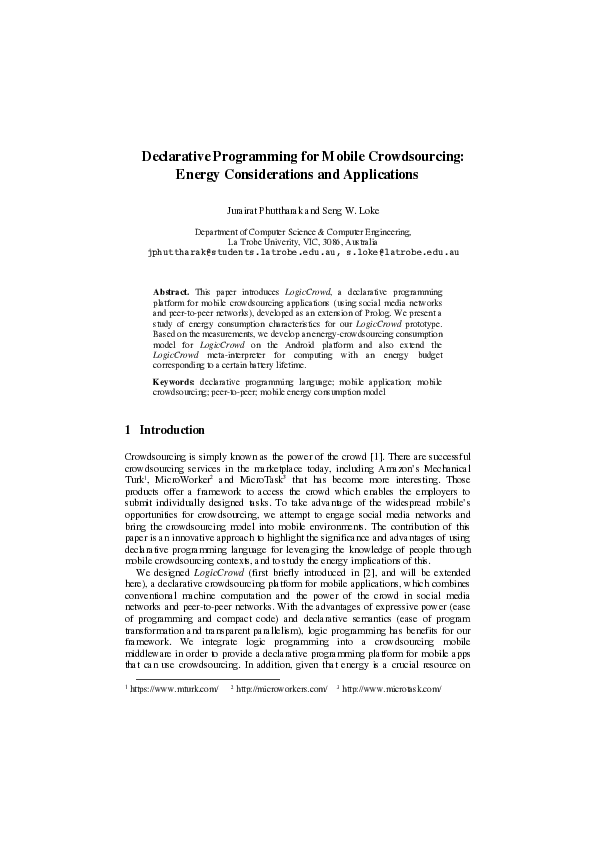 Pdf Declarative Programming For Mobile Crowdsourcing Energy Considerations And Applications