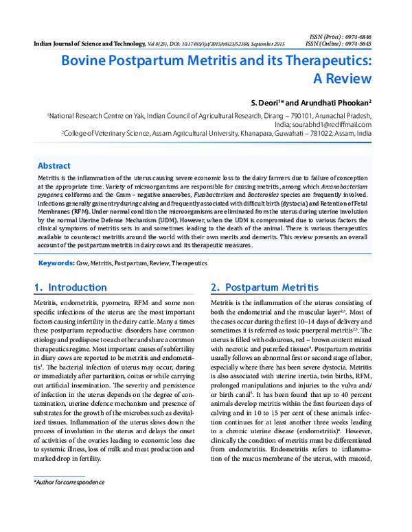 (PDF) Bovine Postpartum Metritis and its Therapeutics: A Review