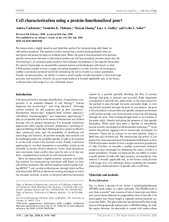 (PDF) Cell characterization using a protein-functionalized pore